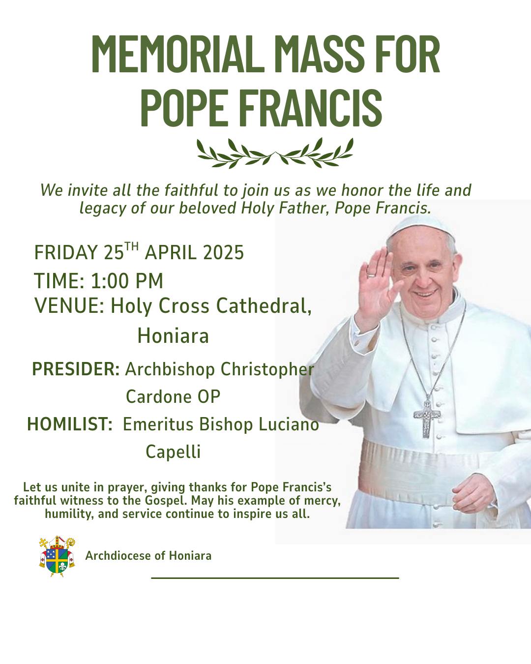 Memorial Mass for Pope Francis this Friday - Solomon Star News